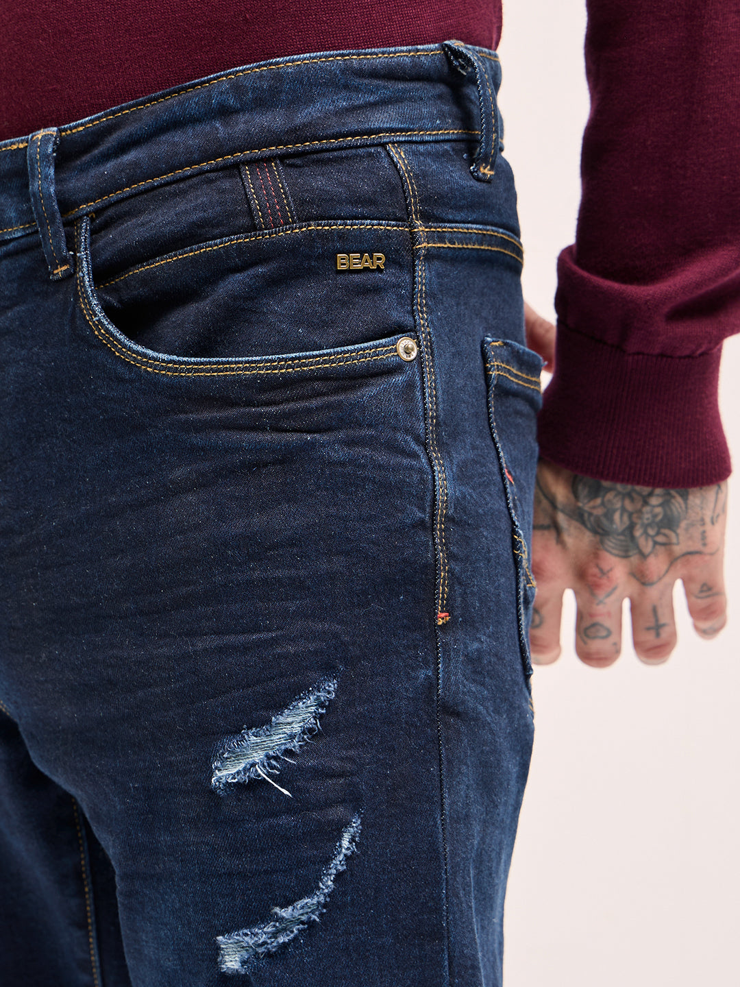 Men Dark Blue distressing and rip Mid-Rise Slim Fit Jeans – FYVA