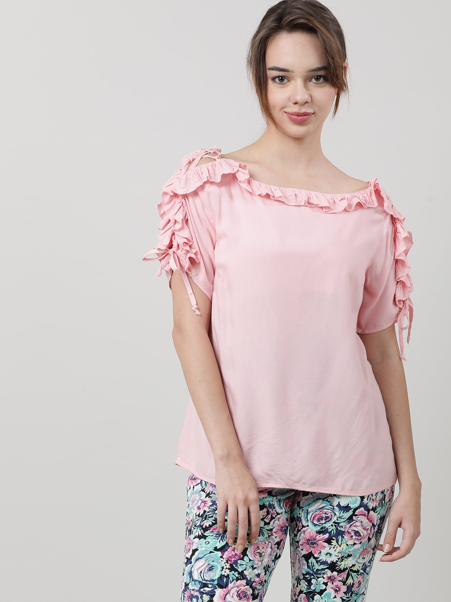 Women Regular Fit Pink Frilled Top – FYVA