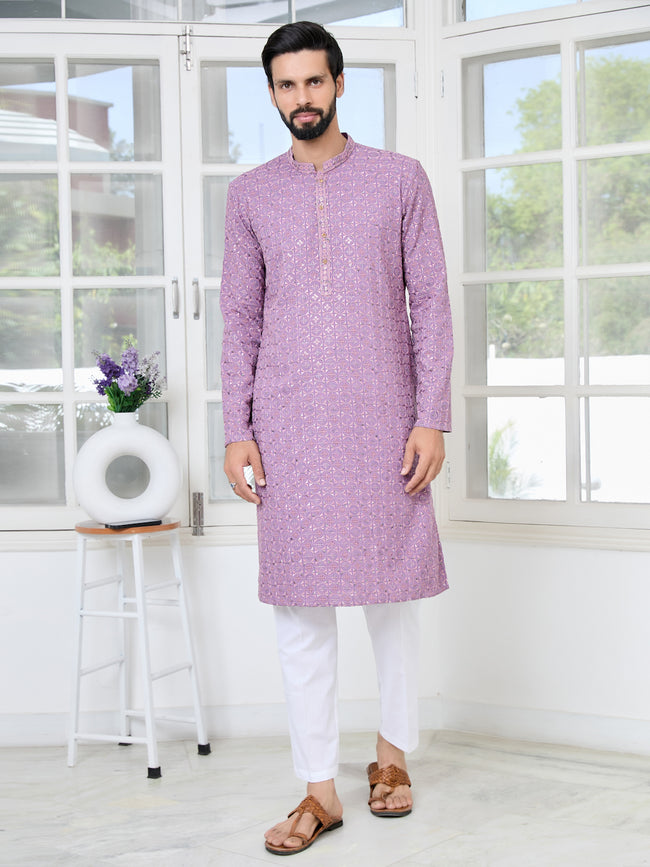 Men Lavender Embroidered Mandarin Collar Kurta – FYVA