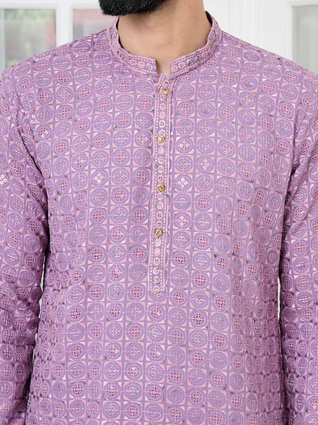 Men Lavender Embroidered Mandarin Collar Kurta – FYVA