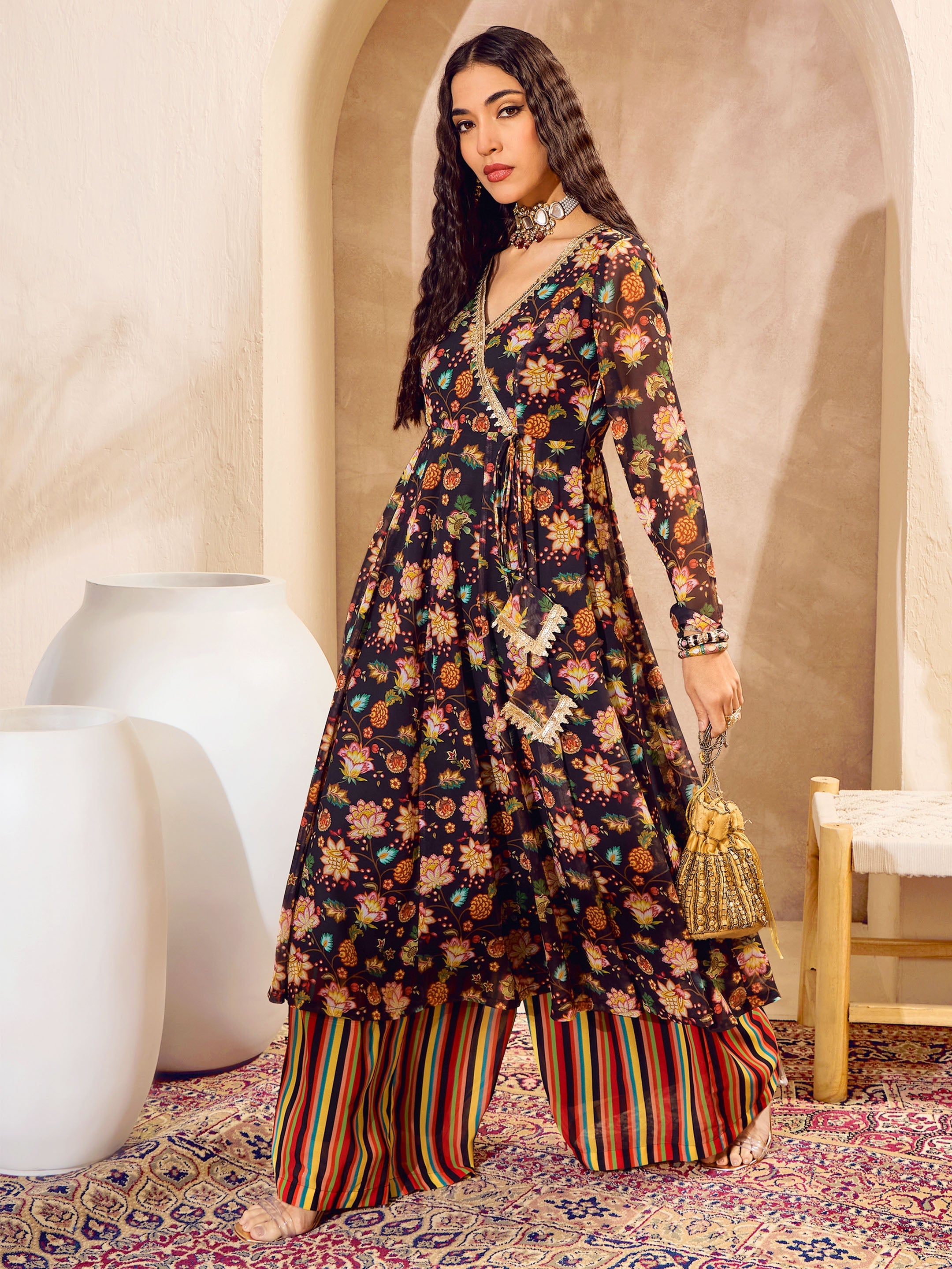 Women Black Floral Wrap Anarkali Kurta With Palazzos – FYVA