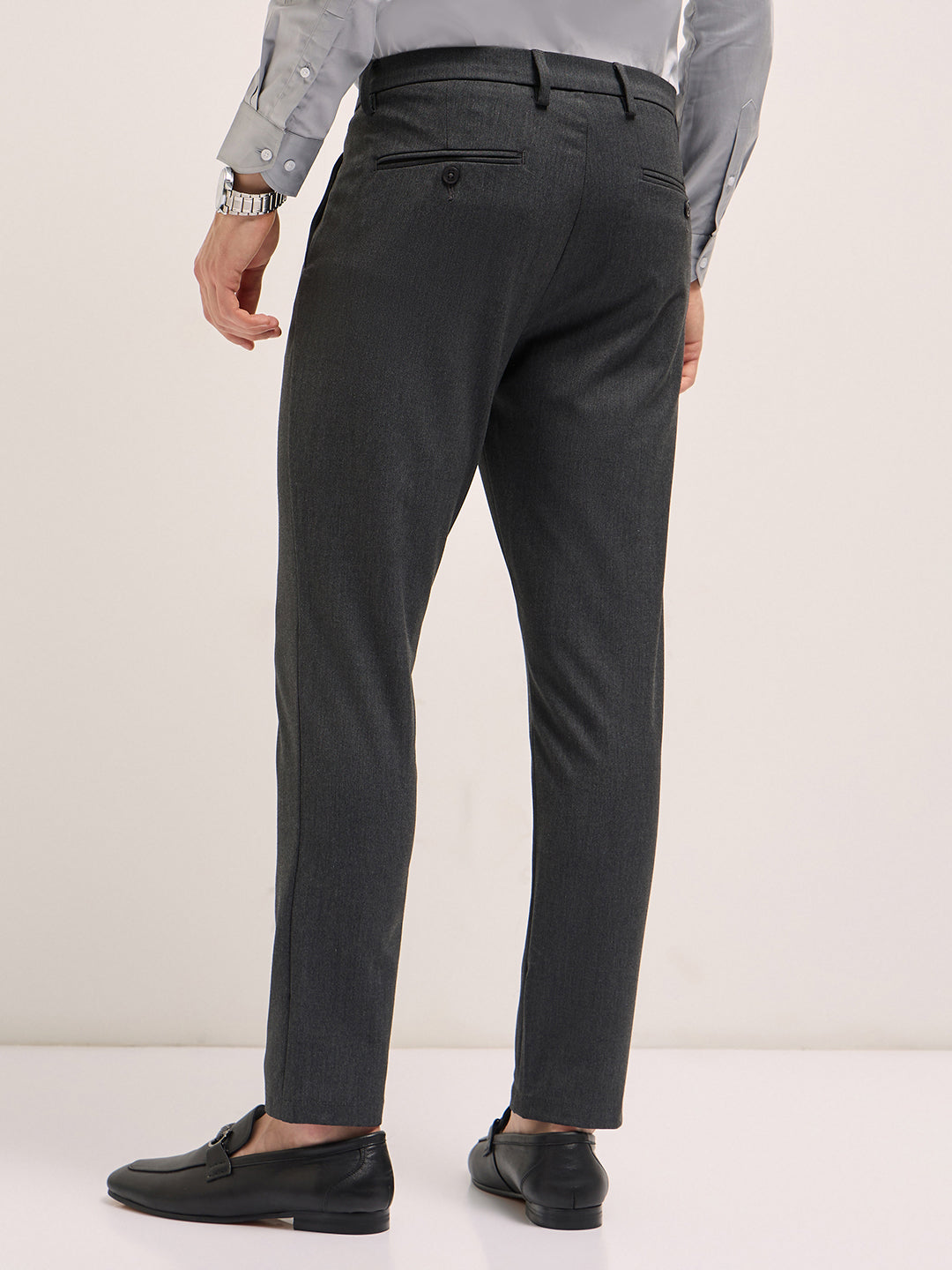 Men Charcoal Solid 4 Way Stretch Formal Trouser – FYVA