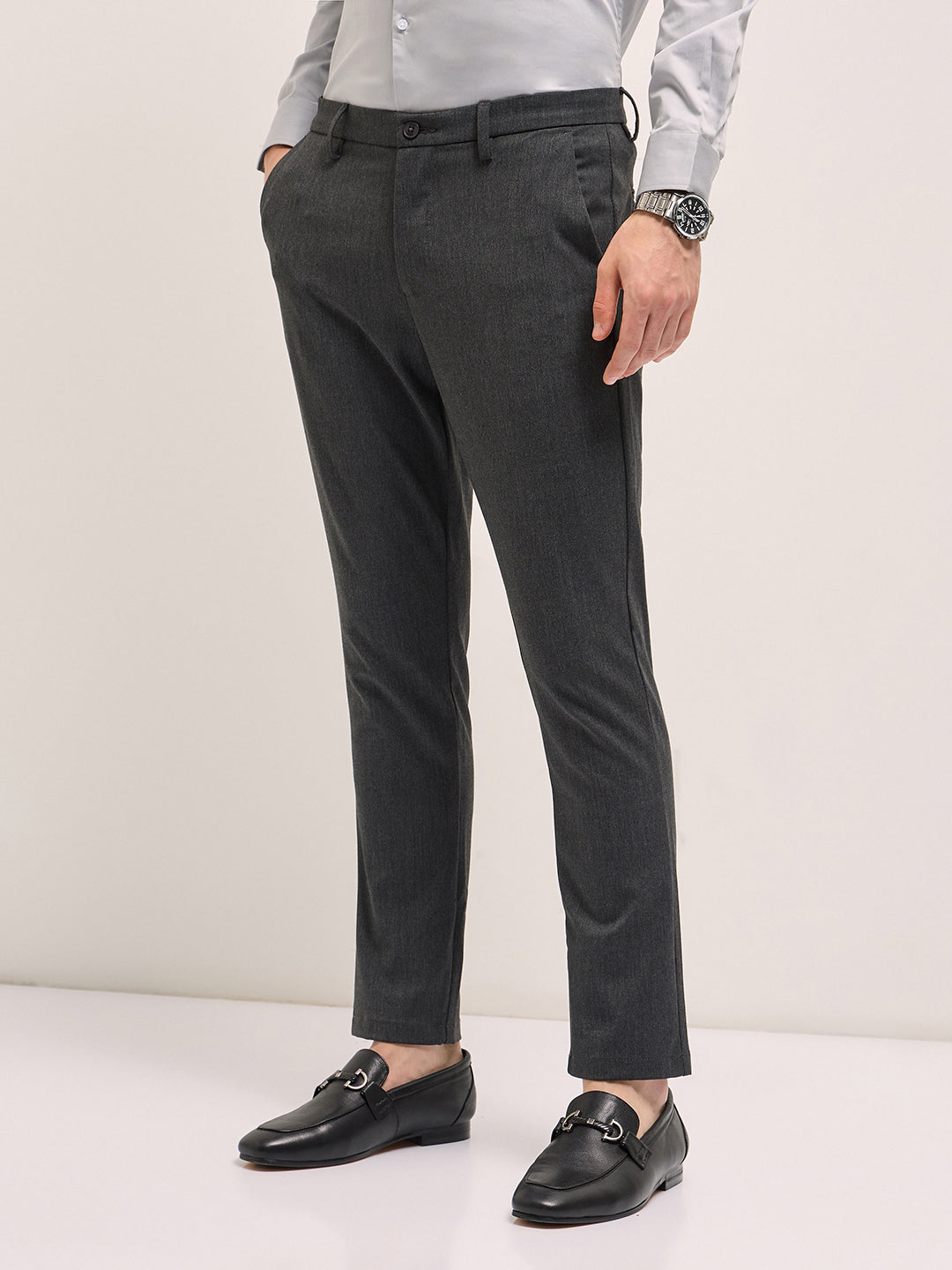 Men Charcoal Solid 4 Way Stretch Formal Trouser – FYVA